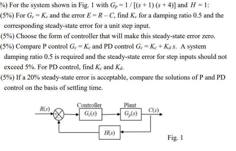 %) For the system shown in Fig. 1 with Gp = 1/[(s + | Chegg.com