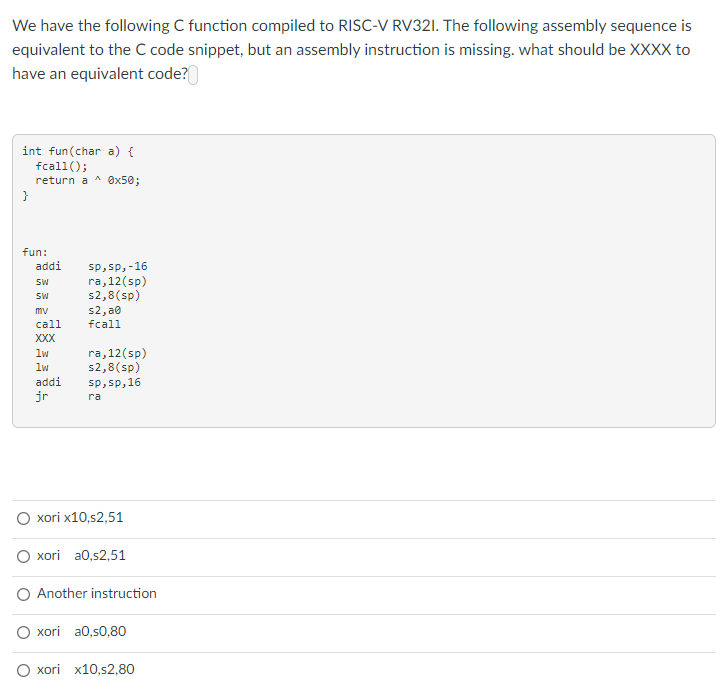 Solved We have the following C function compiled to RISC-V | Chegg.com