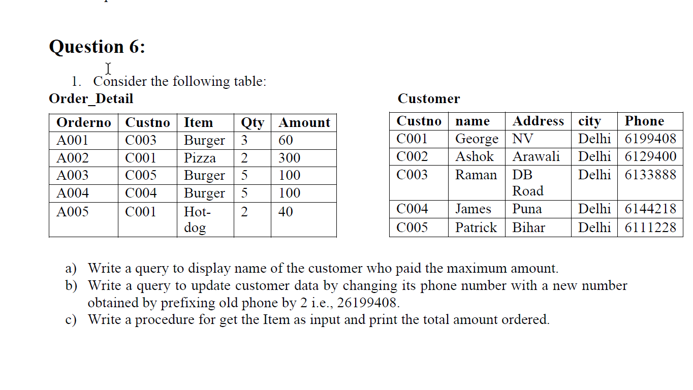 Solved Question 6: I 1. Consider the following table: | Chegg.com