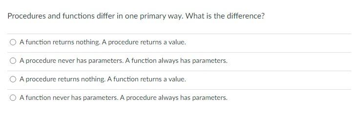 Solved Procedures and functions differ in one primary way. | Chegg.com