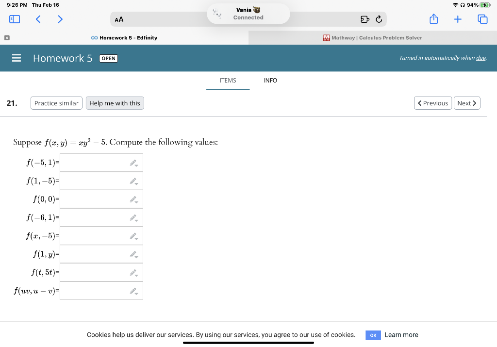 Solved Sundose f(x.u)=xu2−5. Compute the following values: | Chegg.com