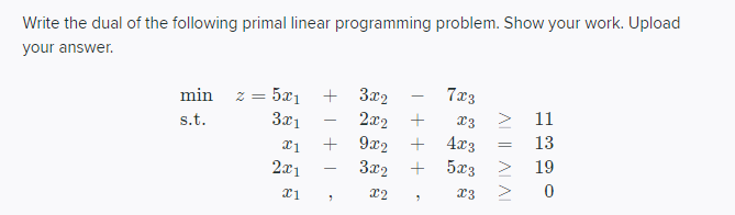 Solved Write the dual of the following primal linear | Chegg.com