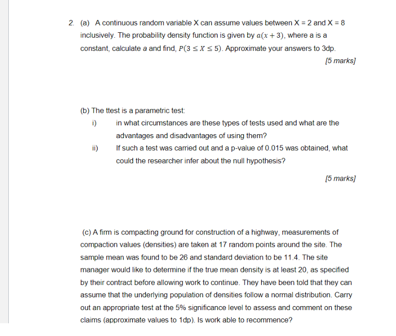 Solved 2. (a) A continuous random variable X can assume | Chegg.com