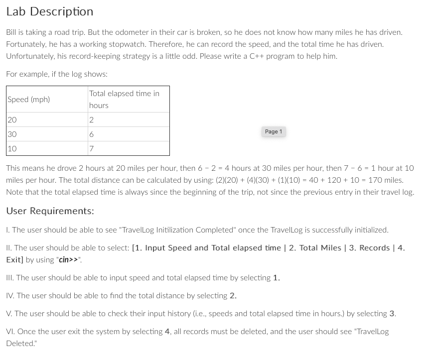 Solved Lab Description Bill is taking a road trip. But the | Chegg.com