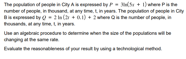 Solved The population of people in City A is expressed by | Chegg.com
