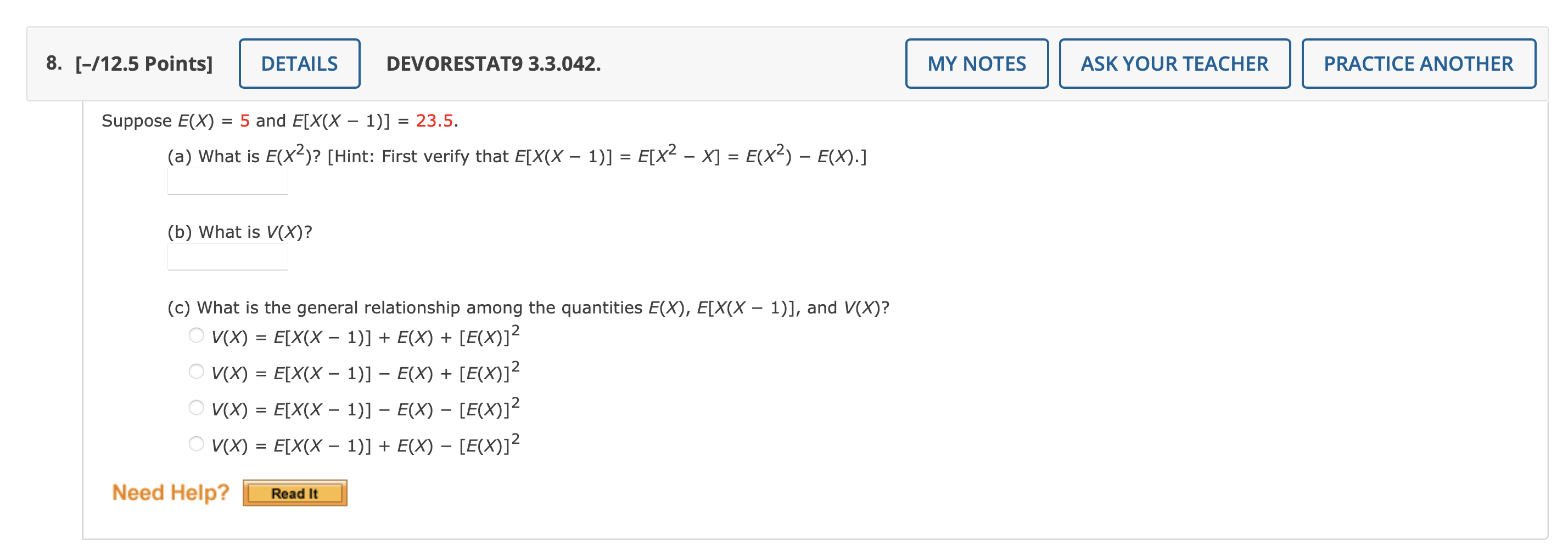 Solved uppose E(X)=5 and E[X(X−1)]=23.5 (a) What is E(X2) ? | Chegg.com