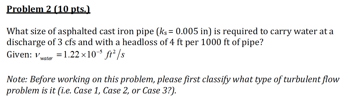 Solved Problem 2 (10 pts.) What size of asphalted cast iron | Chegg.com