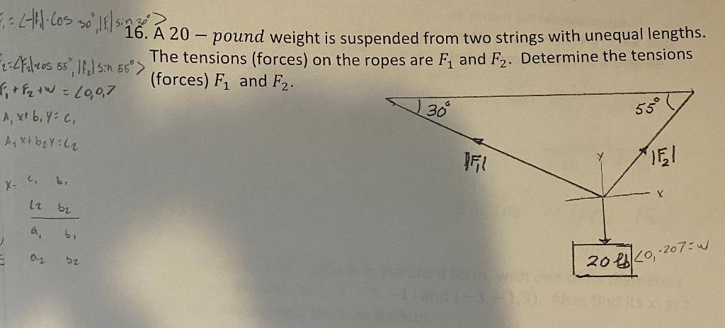Solved 16. A 20 - pound weight is suspended from two strings | Chegg.com