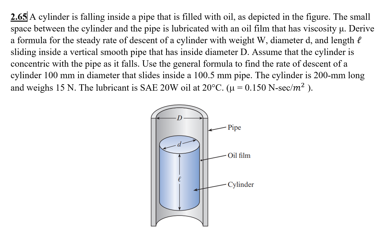 Solved 2.65 A cylinder is falling inside a pipe that is | Chegg.com