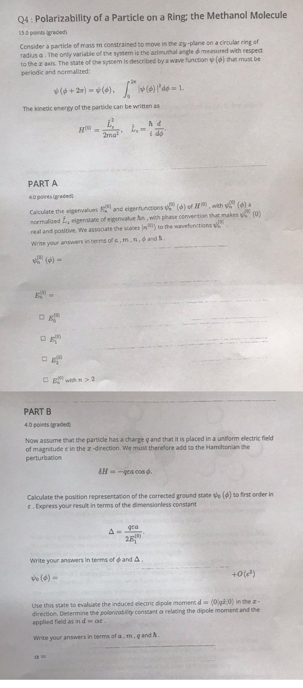 Solved Q4: Polarizability of a Particle on a Ring; the | Chegg.com