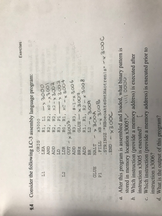 Solved Exercises 9.4 Consider the following LC-3 assembly | Chegg.com