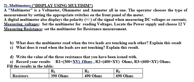 Solved 2). Multimeters (*DISPLAY USING MULTISIM*) A | Chegg.com