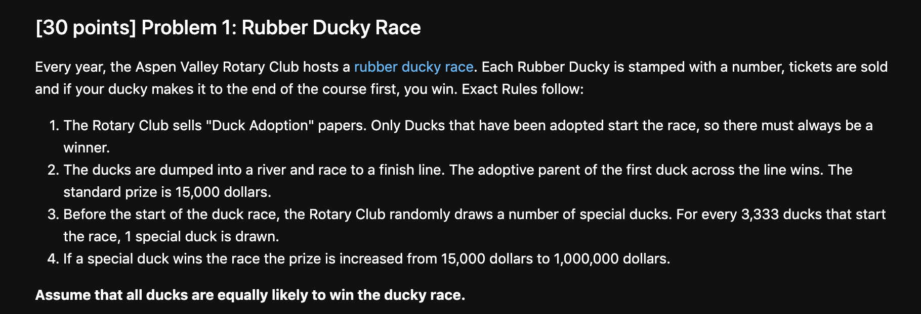 Solved (30 points] Problem 1: Rubber Ducky Race Every year, | Chegg.com