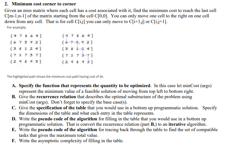 2. Minimum cost corner to corner Given an mxn matrix | Chegg.com