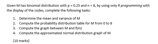 Solved Given M has binomial distribution with p = 0.25 and n | Chegg.com