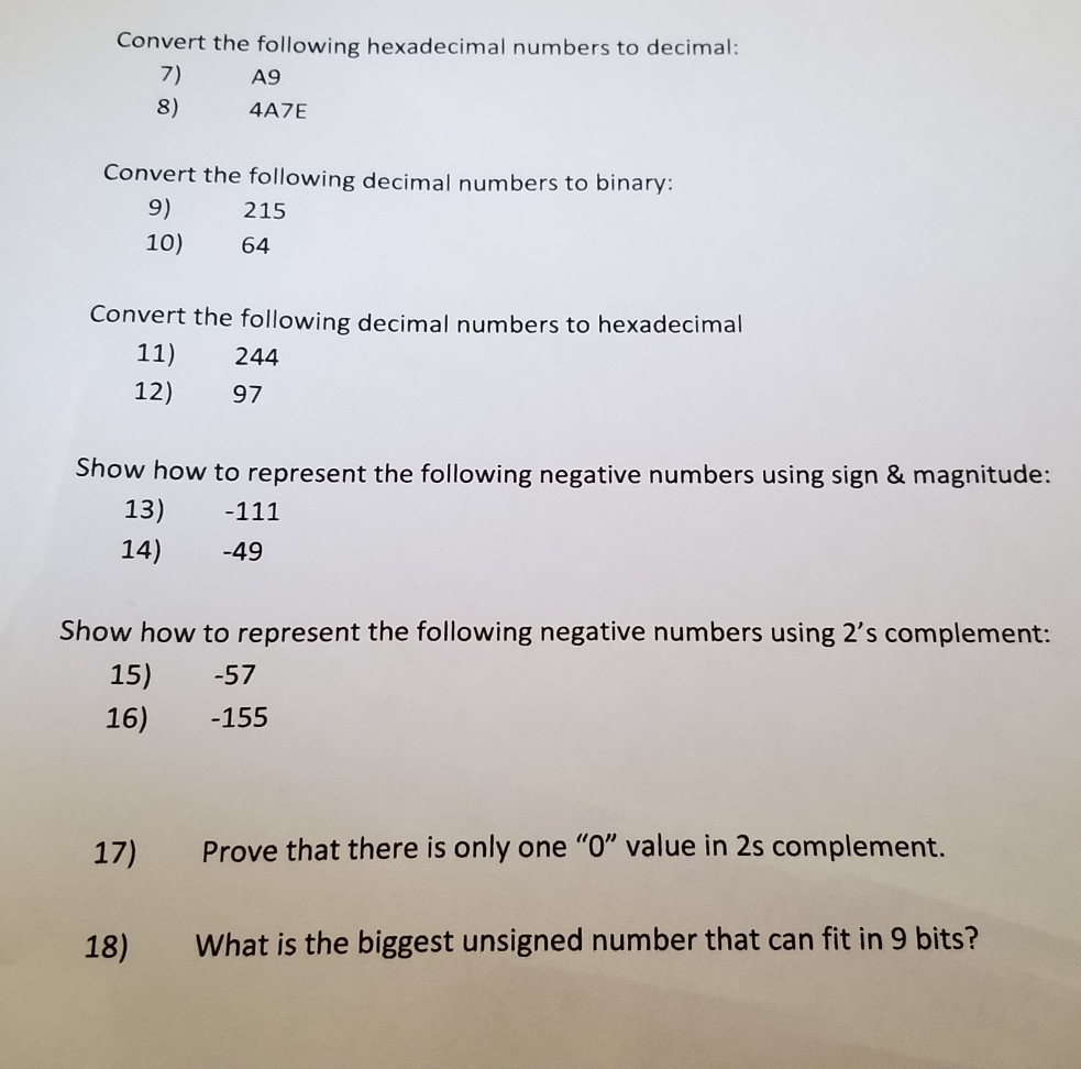 Solved Convert the following hexadecimal numbers to decimal: | Chegg.com