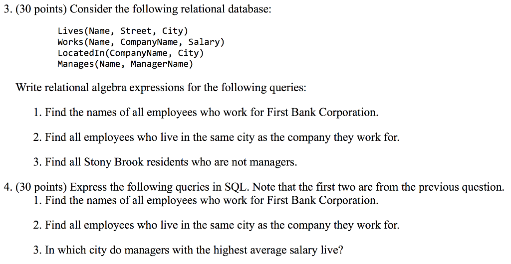 Solved (30 points) Consider the following relational | Chegg.com