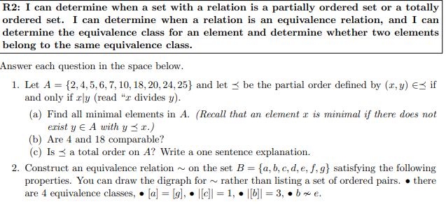 Solved R2: I can determine when a set with a relation is a | Chegg.com