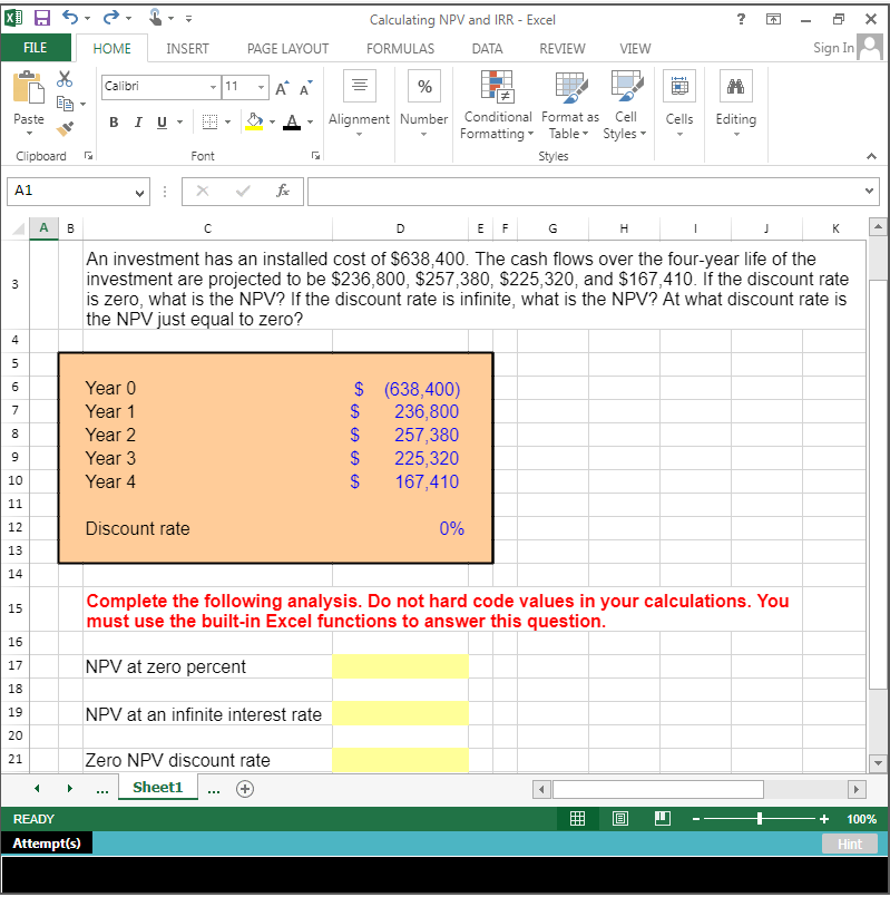 Solved 5 ? 5 Calculating NPV and IRR - Excel FORMULAS DATA | Chegg.com