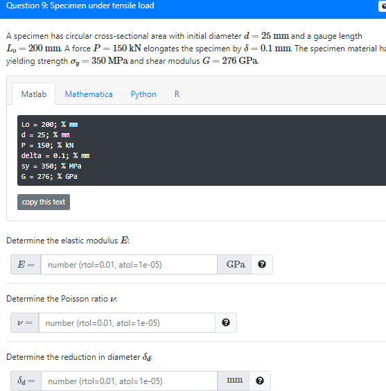 Solved Question 9: Specimen under tensile load A specimen | Chegg.com