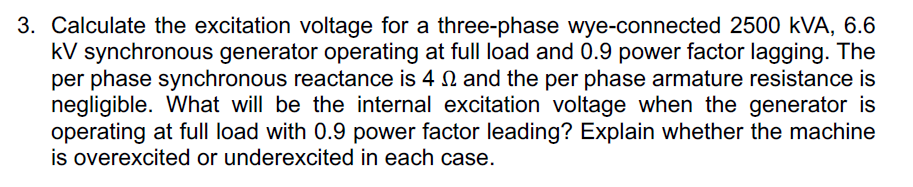Solved Calculate the excitation voltage for a three-phase | Chegg.com