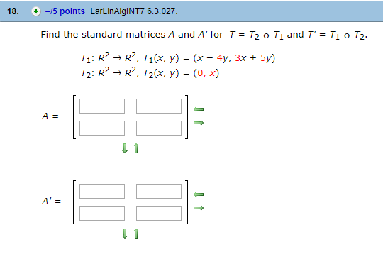 Solved Find the standard matrices A and A' for T = T2 ∘ | Chegg.com