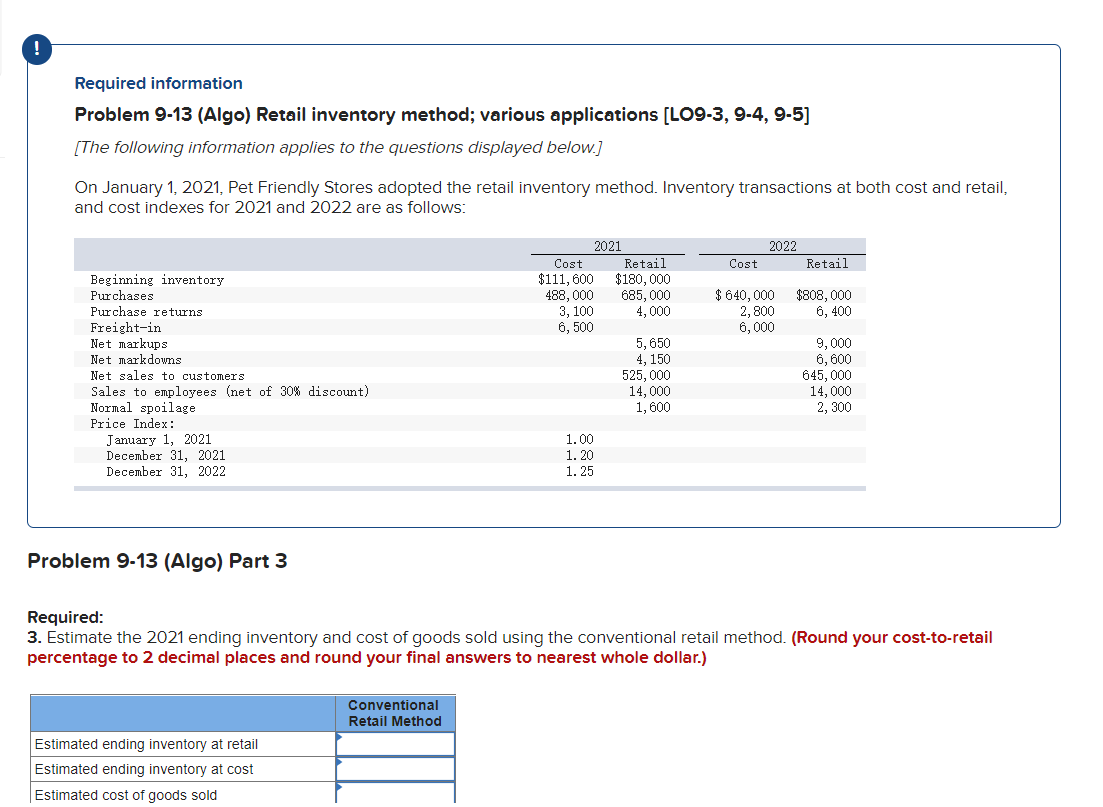 Solved Required information Problem 9-13 (Algo) Retail | Chegg.com