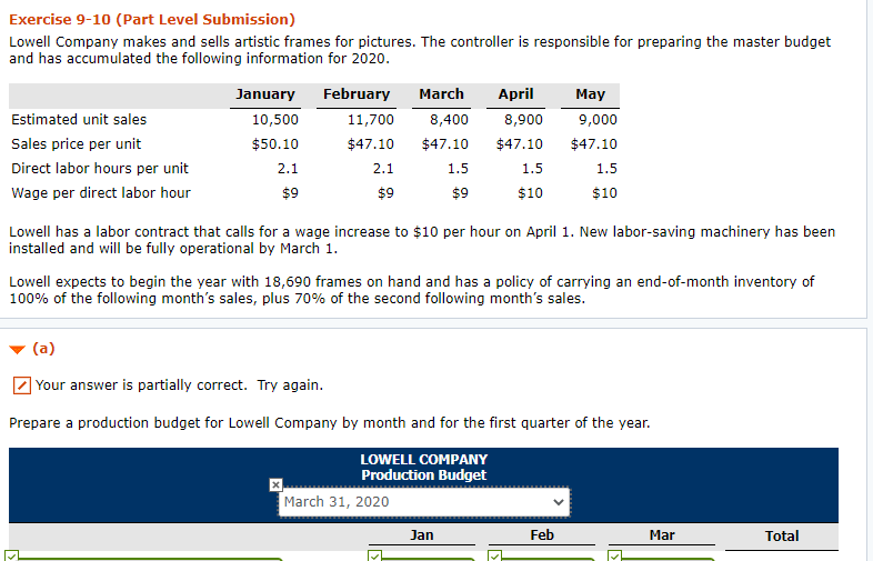 Solved Exercise 9-10 (Part Level Submission) Lowell Company | Chegg.com