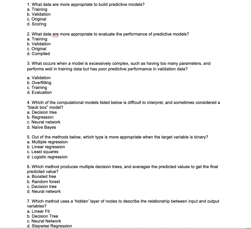 Solved 1. What data are more appropriate to build predictive | Chegg.com