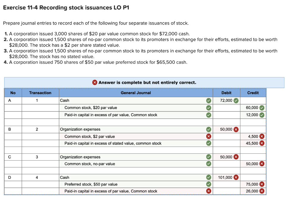 Solved Exercise 11-4 Recording stock issuances LO P1 Prepare | Chegg.com