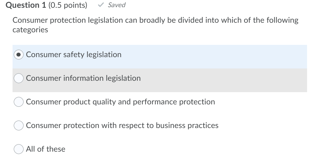 Solved Question 1 (0.5 points) Saved Consumer protection | Chegg.com