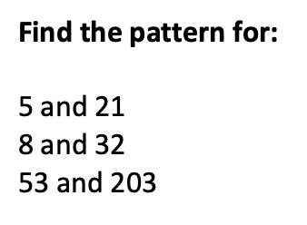 Solved Find the pattern for: 5 and 21 8 and 32 53 and 203 | Chegg.com