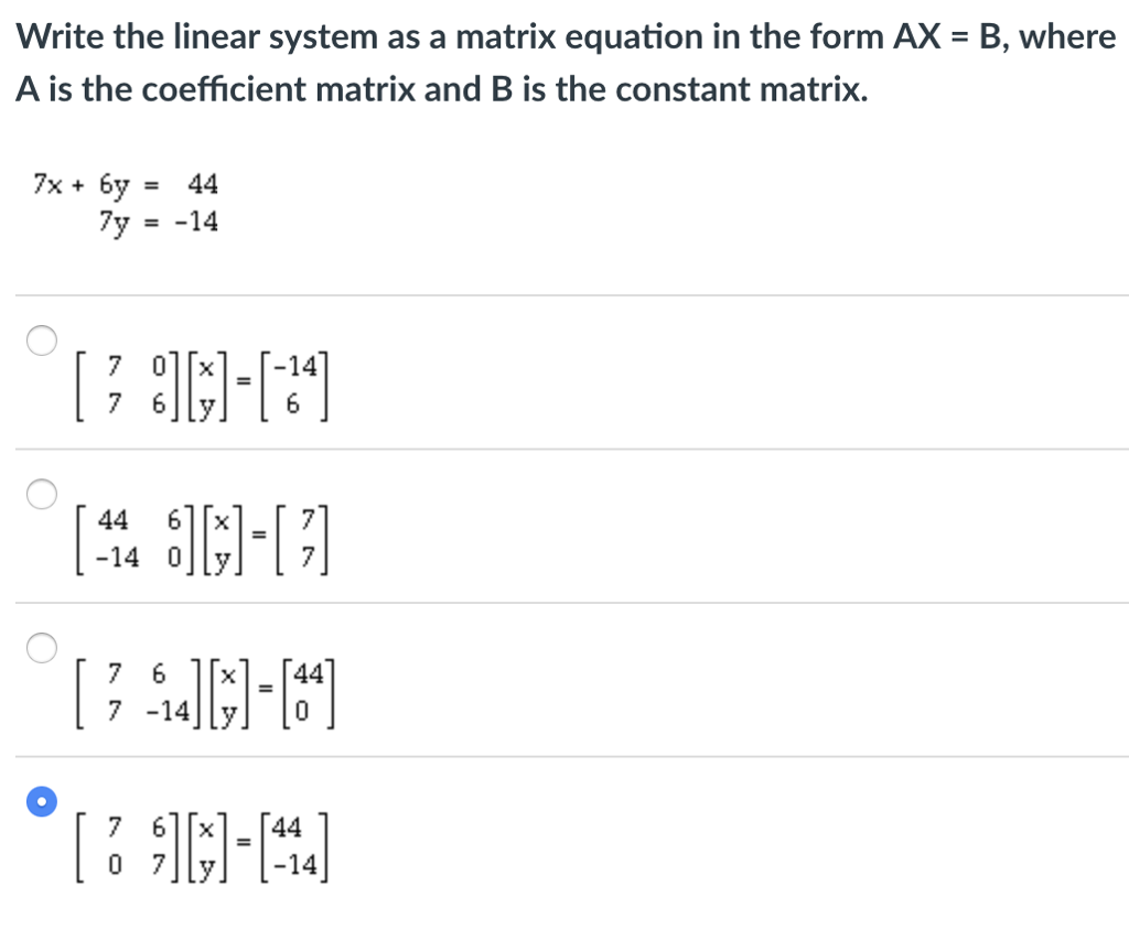 Solved write the linear system as a matrix equation in the | Chegg.com