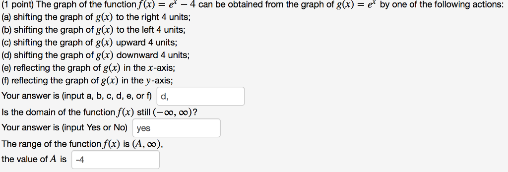 Solved (1 point) The graph of the function,f(x) = ex-4 can | Chegg.com