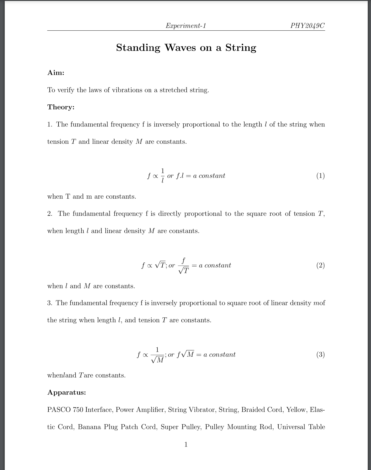 1. The fundamental frequency f is inversely | Chegg.com