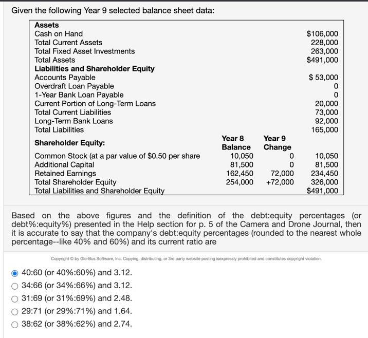 Solved Given the following Year 9 selected balance sheet | Chegg.com Solved Given the following Year 9 selected balance sheet | Chegg.com
