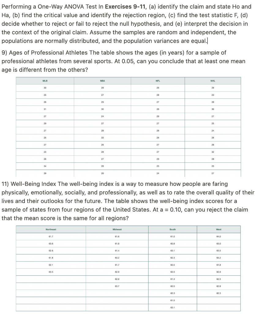 Solved Performing a One-Way ANOVA Test In Exercises 9-11, | Chegg.com
