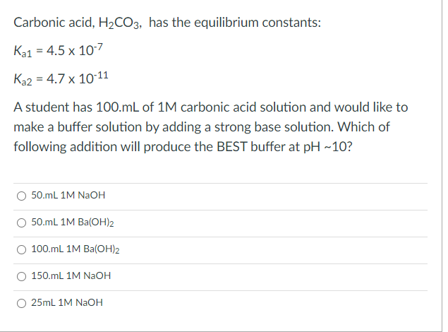Solved Carbonic acid, H2CO3, has the equilibrium constants: | Chegg.com