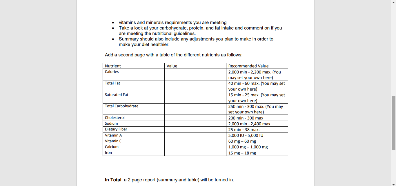 Nutrition Assignment For this assignment you will be | Chegg.com