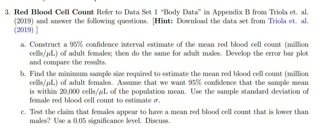 Red Blood Cell Count Refer to Data Set 1 "Body Data" | Chegg.com