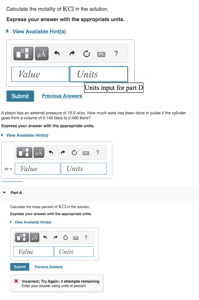 Solved Calculate the molality of KCl in the solution. | Chegg.com