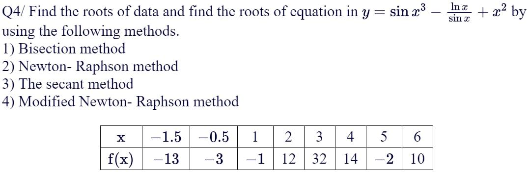 Solved sin x3 In x sinc + x² by Q4/ Find the roots of data | Chegg.com