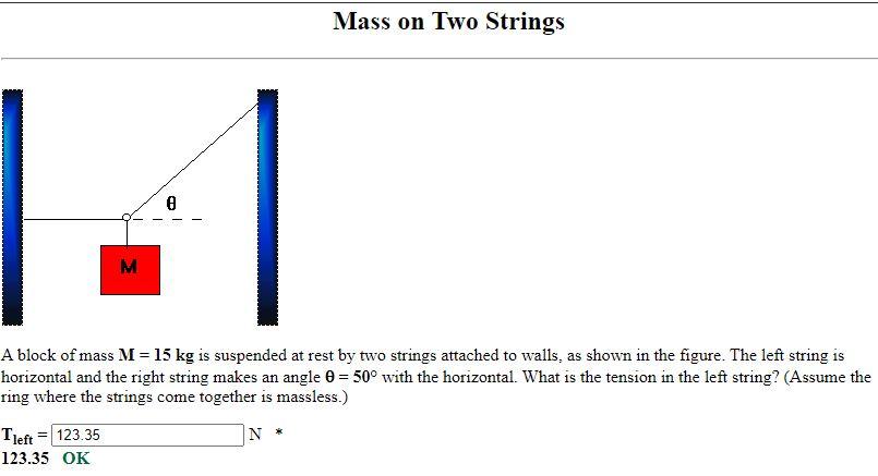 Solved Mass on Two Strings | 0 M A block of mass M = 15 kg | Chegg.com