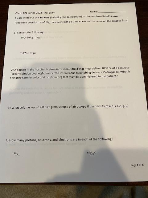 Solved Chem 121 Spring 2022 Final Exam Name: Please write | Chegg.com