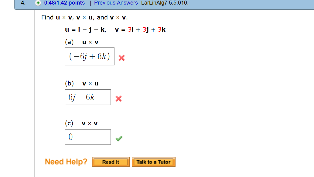 Solved Find ux v, v x u, and v x v. u = i- j, v=j-k (a) uxv | Chegg.com