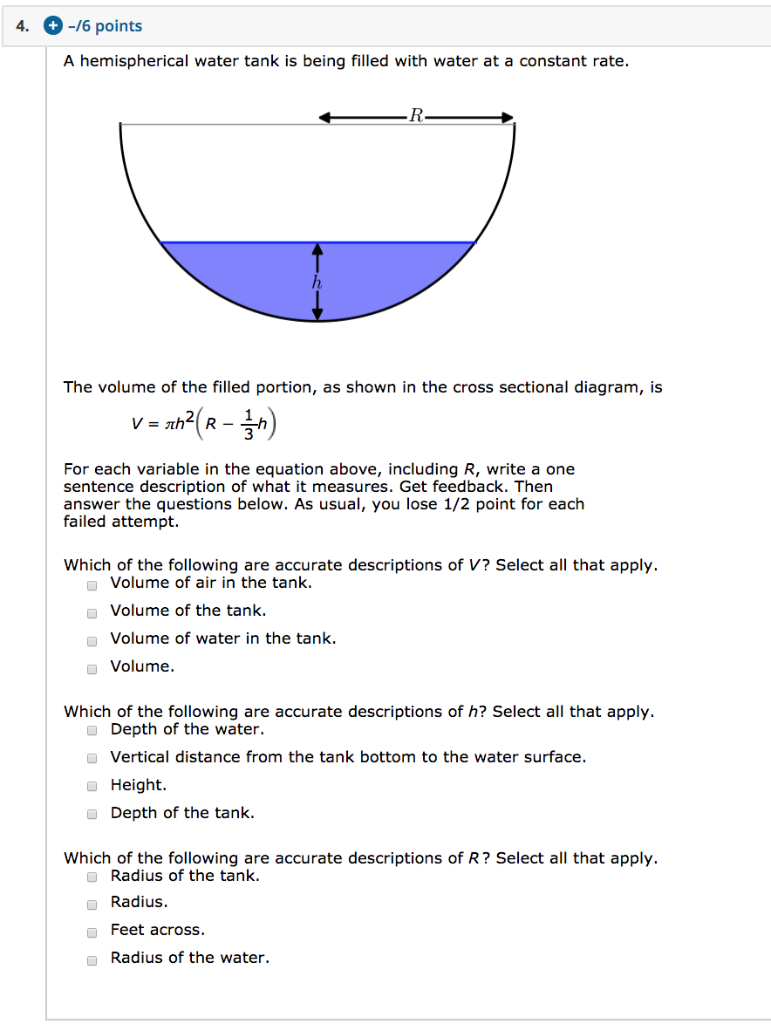 Solved 4. + -16 points A hemispherical water tank is being | Chegg.com