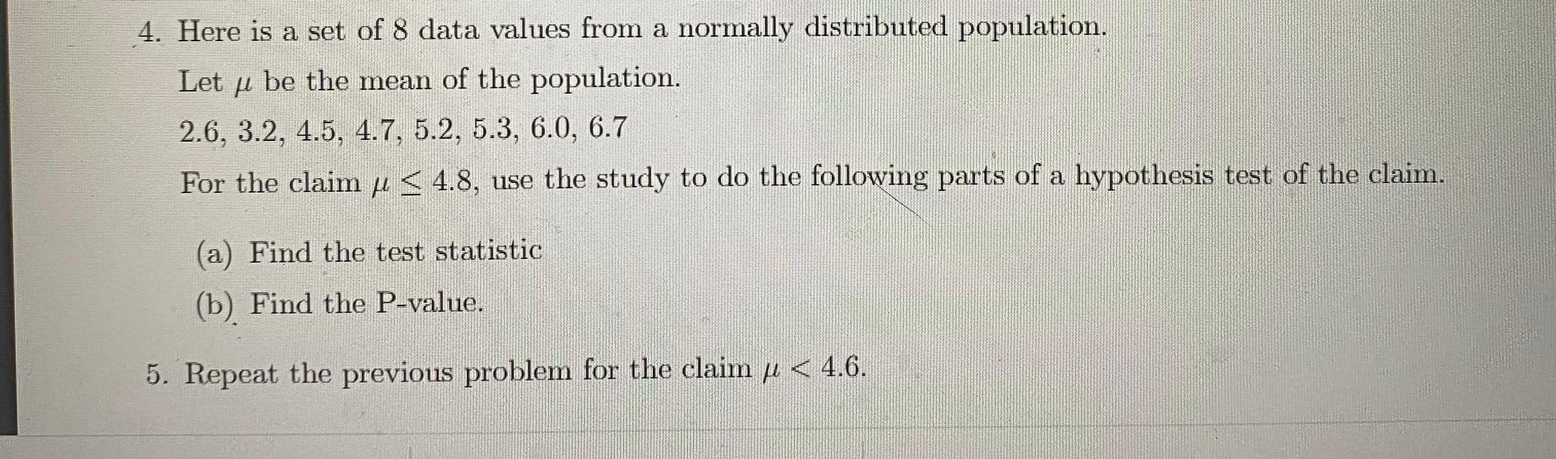 Solved u 4. Here is a set of 8 data values from a normally | Chegg.com