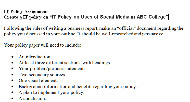 IT Policy Assignment Create a IT policy on "IT Policy | Chegg.com