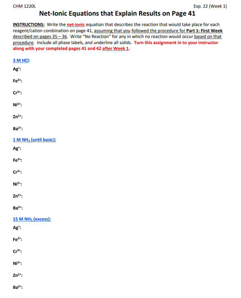Solved CHM 1220L Exp. 22 (Week 1) Net-lonic Equations that | Chegg.com