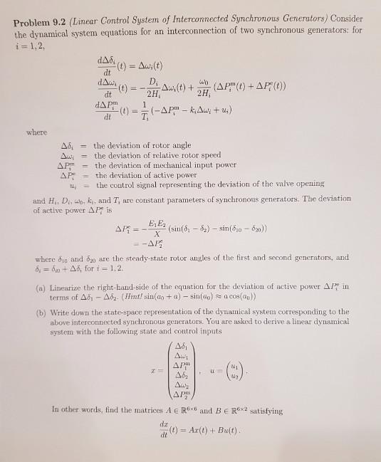 Problem 9.2 (Linear Control System of Interconnected | Chegg.com